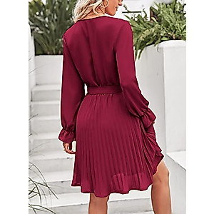 PRETTYGARDEN Women's Casual Spring Fall Dresses Long Puff Sleeve V Neck Pleated Ruffle Flowy Belted Dress (Wine Red,Large)