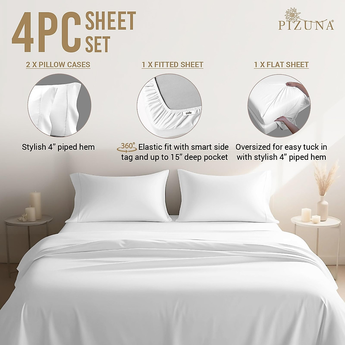 Pizuna Pure 100% Cotton Queen Size Sheets, 800 Thread Count Long Staple Cotton Crisp Sateen Sheets with 15inch Deep Pocket