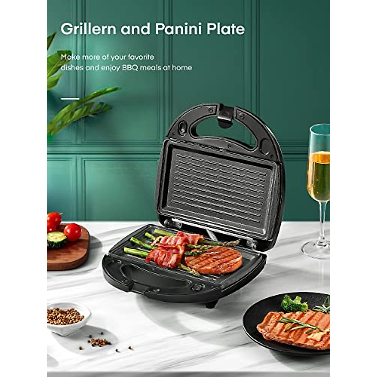 FOHERE 3-in-1 Sandwich Maker, Waffle Maker, Sandwich Grill, Portable Electric Panini Press with Removable Non-Stick Plates, LED Indicator Lights, Cool Touch Handle, Toaster, Grilled Cheese Machine