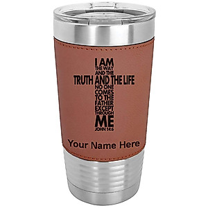 LaserGram 20oz Vacuum Insulated Tumbler Mug, Bible Verse John 14-6, Personalized Engraving Included (Faux Leather, Dark Brown)