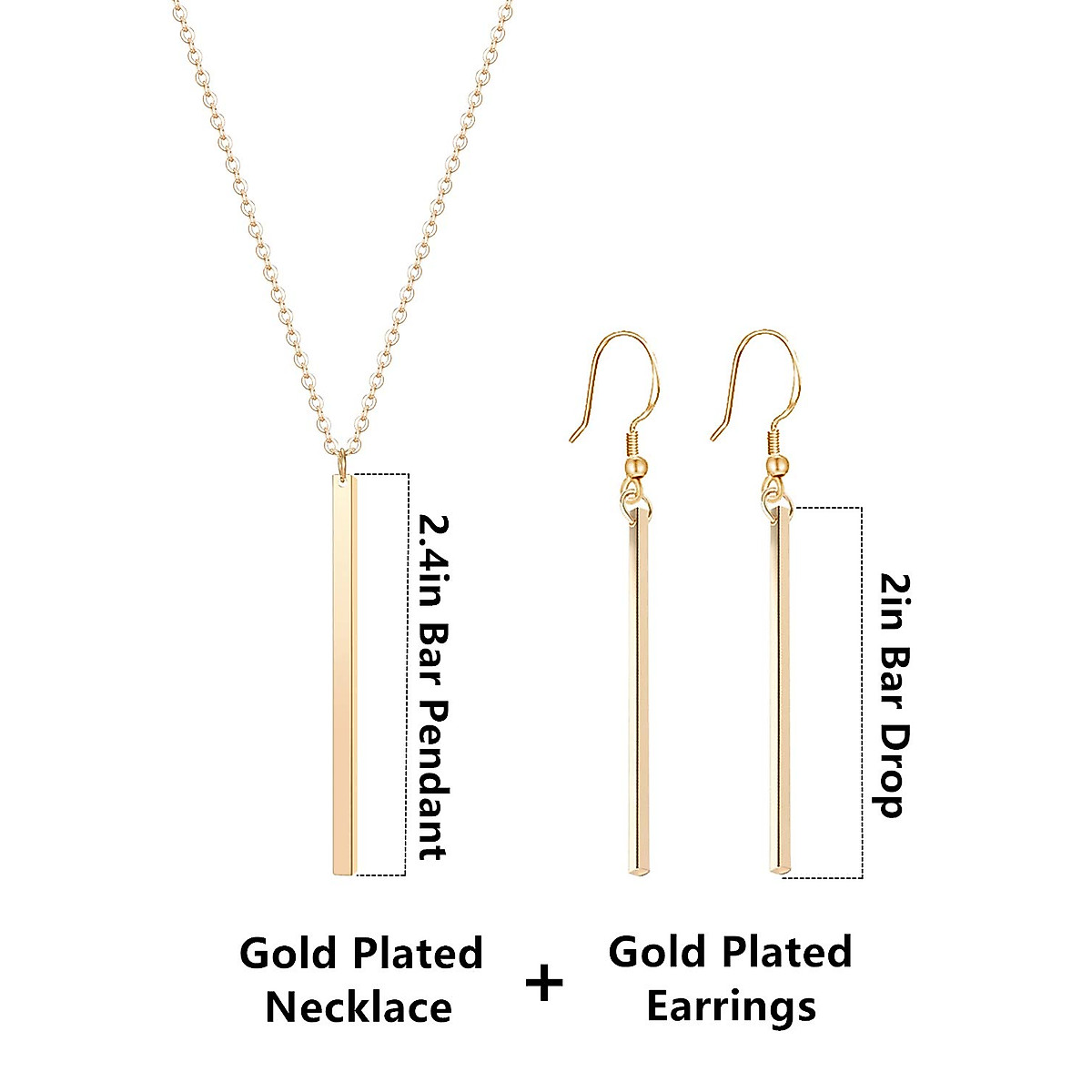 CULOVITY Simple Long Necklace Earrings Set Vertical Bar Pendant Necklaces Bar Drop Earrings Lariat Chain Polished Jewelry for Women, 2.4" Pendant 35" Chain Gold Plated