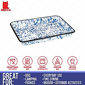 Red Co. 11" x 9" Enamelware Metal Classic 2 Quart Rectangular Serving Tray, Navy Blue Marble/Black Rim - Splatter Design