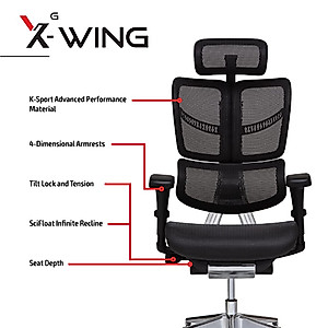 X-Chair XG-Wing Management Task Chair, Black K-Sport Mesh Fabric with Headrest - Ergonomic Office Seat/Split-Back Design/Dynamic Variable Lumbar Support/Floating Recline/Perfect for Long Work Days