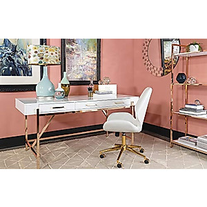OSP Home Furnishings Broadway Modern Executive Desk with 3 Drawers and Charging Station, White Gloss Finish and Gold Frame