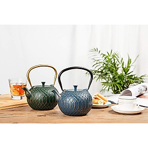 Tea Kettle, Toptier Japanese Cast Iron Tea Kettle for Stove Top, Stovetop Safe Teapot with Infusers for Loose Tea, 34 Ounce (1000 ml), Dark Green Melody