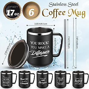 Sumind Thank You Employee Appreciation Gifts 17 oz Inspirational Stainless Steel Coffee Mugs with Handle Lid Straw for Thanksgiving Christmas Staff Coworker Teacher Gifts(Black,6 Pcs)