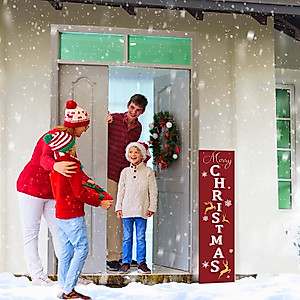 Soaoo Christmas Porch Sign Merry Christmas Vertical Porch Sign Red Christmas Wooden Welcome Sign for Front Door Porch Standing Farmhouse Rustic Door Porch for Xmas Porch Yard Outdoor Indoor, 35.43" H
