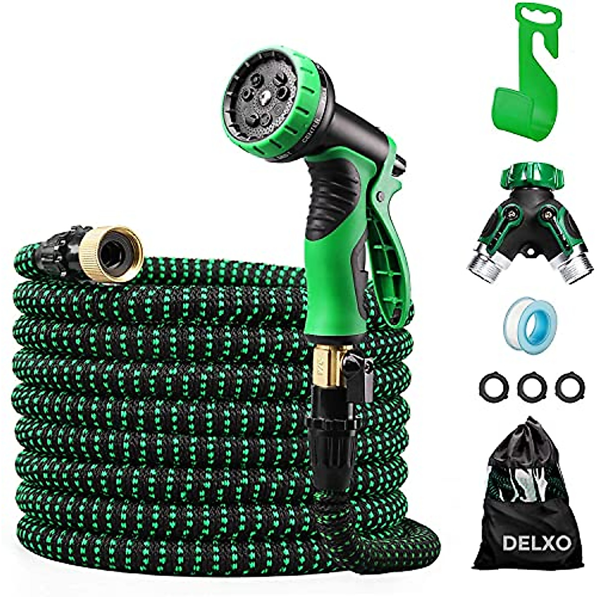 WOHOUS Expandable Garden Hose 100ft - 9 Function Spray Nozzle and 4-Layer Latex Core with 3/4" Solid Brass Fittings, Anti-Leakage Retractable Garden Hose (100 FT- Green)