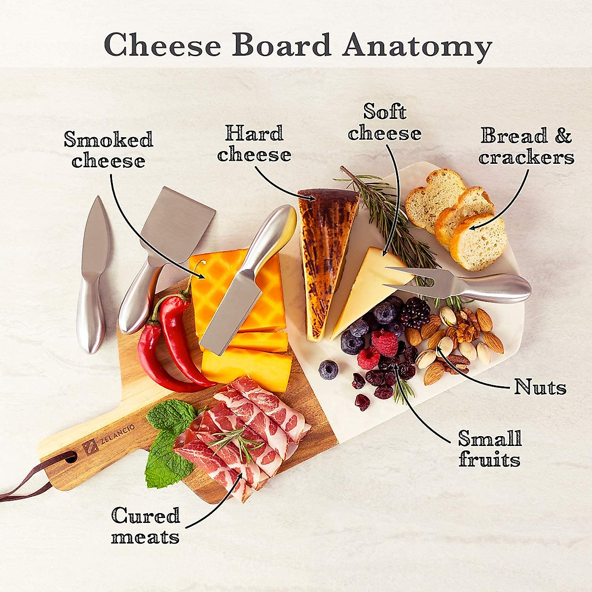 Zelancio Marble and Acacia Wooden Serving Cheese Board, 6 Piece Set Includes Stainless Steel Cheese Tools, Serving Paddle, Wood Cheese Knife Holder with Integrated Magnets