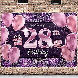 PAKBOOM Happy 28th Birthday Banner Backdrop - 28 Birthday Party Decorations Supplies for Women - Pink Purple Gold 4 x 6ft