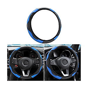 Car Steering Wheel Cover, Universal Microfiber PU Leather Elastic 15 inch Stitching Color Anti-Slip Steering Wheel Protector, Car Interior Protection Accessories for Men Women (Black/Blue)