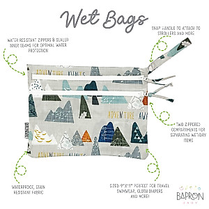 BapronBaby Adventure Awaits Wet Dry Bag - Waterproof Two Zipper Pockets - Reusable for Mealtime, Diapers, Stroller, Snacks, Swimsuits - Machine Washable - 11" x 9"