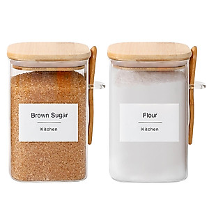 Flour and Sugar Containers - 34 oz Glass Jar with Bamboo Lid and Spoon, Sugar Holder and Canister for Countertop, Glass Containers for Coffee Beans, Tea, Flour, Nuts, Candy and Cookie (Set of 2)