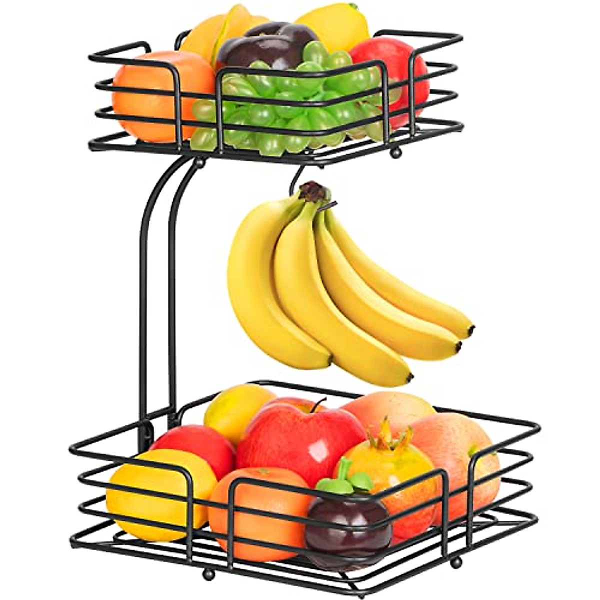 Kufutee 2 Tier Countertop Fruit Basket,Vegetables Bowl Storage With Banana Hanger,Black