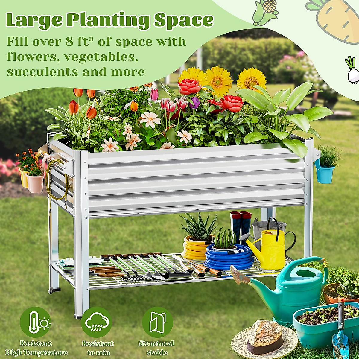 Pikorce Raised Garden Bed with Legs, 48x24x32in Outdoor Elevated Galvanized Metal Large Planter Box Stand with Drainage Holes for Backyard, Patio, Balcony, 400lb Capacity, Silver