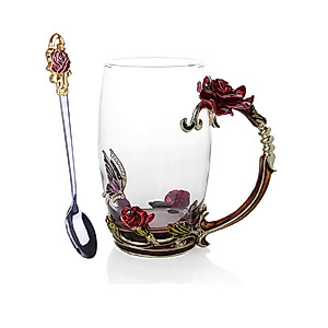 Birsppy FENHAR Luxury Upgrade Enamel Glass Of Rose Bowl Heat-Resistant Crystal Glass Coffee Cup Couples Creative Gift Flower Tea Cup(red Tall mug)