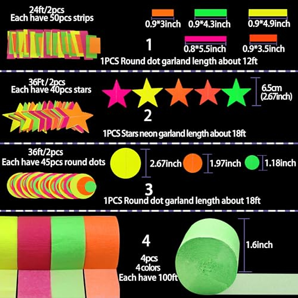 Neon party Supplies Neon Streamers Paper Glow Party Garland Hanging Decorations UV Neon Glow Balloons for Birthday, Christmas, Wedding, Black Light Party Supplies