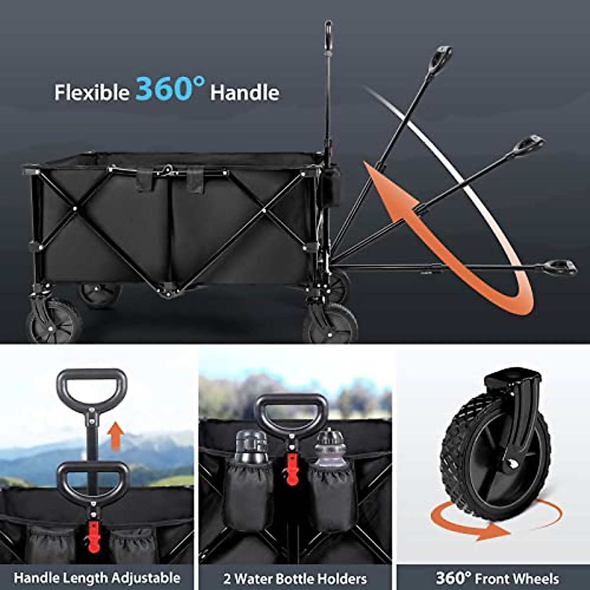 Hikenture Folding Wagon Cart, Portable Large Capacity Beach Wagon, Heavy Duty Utility Collapsible Wagon with All-Terrain Wheels, Outdoor Garden Cart Foldable Wagon for Sports, Shopping, Camping(Black)