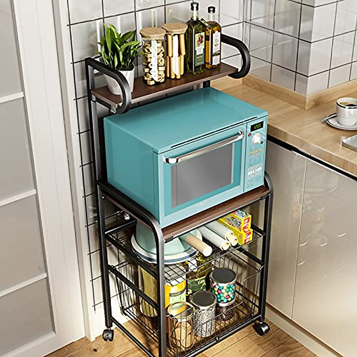 Gdrasuya10 Kitchen Baker's Rack Microwave Stand Cart on Wheels 4 Tier Shelves with Large Metal Baskets Utility Storage Shelf Rolling Cart Fruit Vegetable Kitchen Organizer Rack