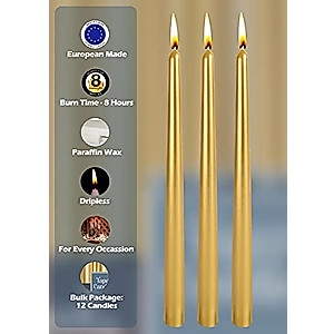 12 Pack Tall Metallic Taper Candles - 10 Inch Gold Painted Metallic, Dripless, Unscented Dinner Candle - Paraffin Wax with Cotton Wicks - Individually Wrapped