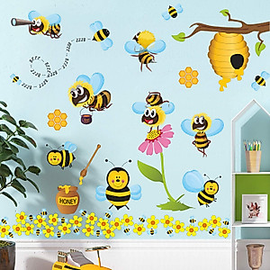 RW-1061 3D Bee Wall Decals Bee Flowers Wall Stickers Cartoon Animals Stickers DIY Removable Animals Tree Branch Wall Art Decor for Kids Babys Nursery Bedroom Living Room Playroom Classroom Decoration