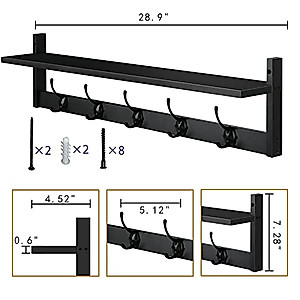 BAMEOS Wall Hooks with Shelf 28.9 Inch Length Entryway Wall Hanging Shelf Wood Coat Hooks for Wall with Shelf Wall-Mounted Coat Hook Rack with 5 Dual Hooks for Bathroom, Living Room, Bedroom (Black)