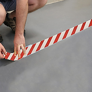SmartSign Red 2 inch x 100 feet White Striped Floor Marking Tape, 32 mil Vinyl Floor Tape, Superior Mark Industrial Use Safety Tape with Beveled Edges, Strong Adhesive, for Gym/Warehouse
