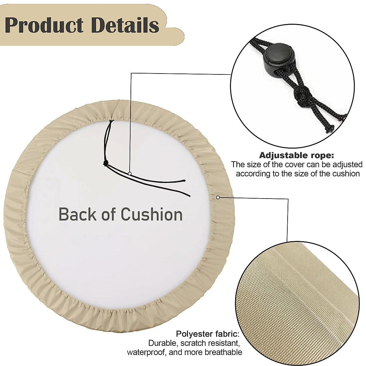 Sqodok Outdoor Daybed Cushion Cover 66" Patio Daybed Cushion Cover Waterproof with Elastic Band Outdoor Round Daybed Cushion Cover Replacement, Cover ONLY, Tan