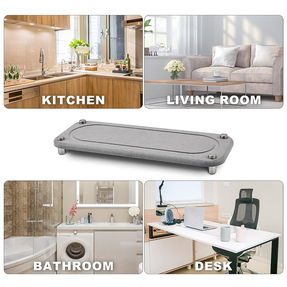 SILATU Instant Dry Sink Organizer - Bathroom Fast Drying Sink Caddy, Fast Drying Stone Sink Tray for Kitchen, Diatomaceous Earth Bathroom Sink Organizer, Stainless Steel Feet with Sponge Holder