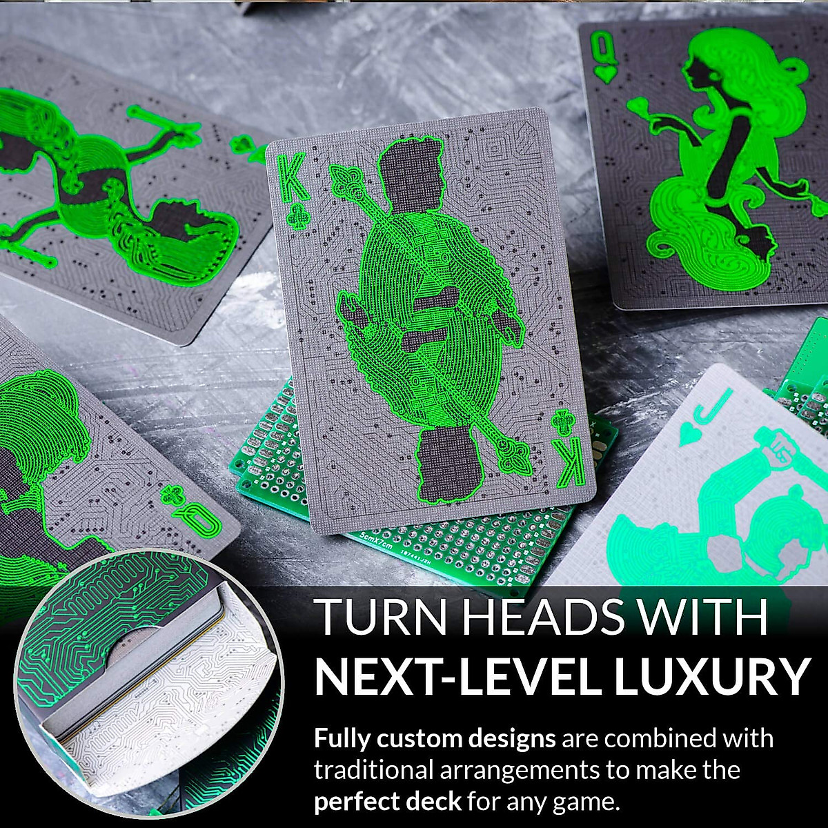 Circuit Neon Green Playing Cards with Free Card Game eBook, Creative Deck of Cards, Premium Card Deck, Cool Poker Cards, Unique Bright Colors for Kids & Adults, Computer Themed, Black Playing Cards