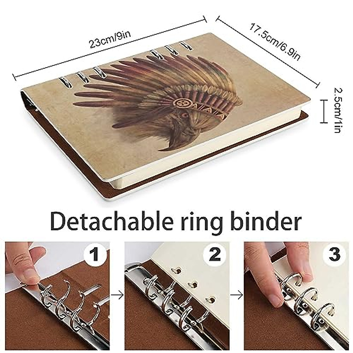 US Indian Bald Eagle Notebook Cover 6-Ring Binder Portable Planner Book Loose-Leaf Cover for Home Office