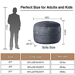 WhatsBedding 4 ft Large Bean Bag Chair: 4' Memory Foam Bean Bag Chairs for Adults with Filling, Soft Bean Bag Sofa with Premium Velvet Cover,Bean Bags with Stuffed Foam Filling,Dark Gray,4 Foot