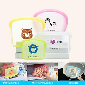 LILY & EDITH Dinosaur Silicone Reusable Snack Bags Dishwasher Microwave Freezer Safe, BPA Free, Leakproof Reusable Food Storage Bags, Plastic Free Snack Pouch, Accessory bag, Portable 400ml (Pink)