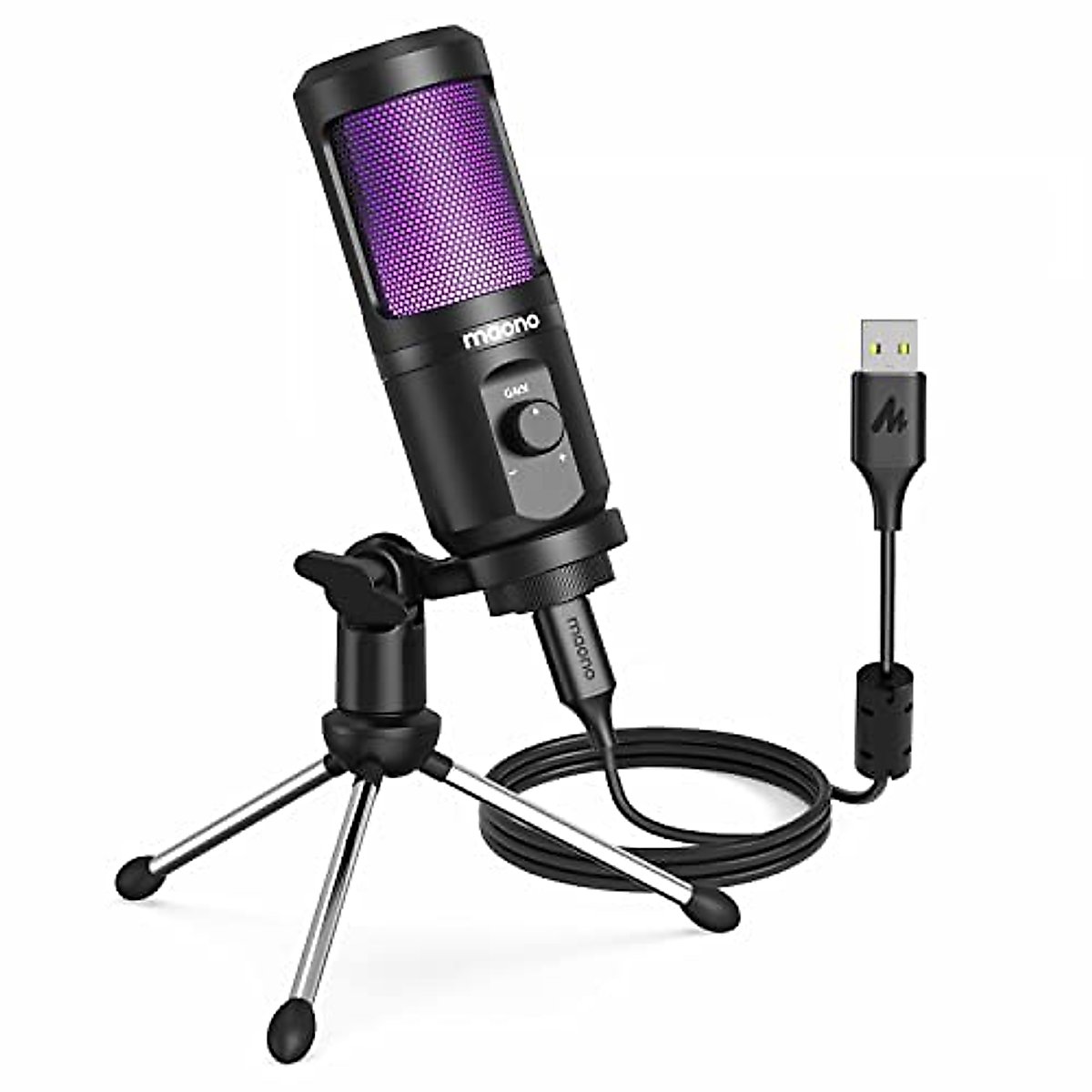 MAONO USB Gaming Microphone for PC, Computer Condenser Mic with Gain Knob, RGB Light, Tripod Stand for Recording, Podcasting, Streaming, Compatible with PS5 PS4 Mac Laptop Desktop (PM461TR RGB)