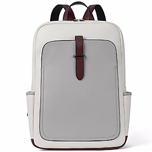 BROMEN Laptop Backpack Purse for Women Vegan Leather Travel 15.6 inch Computer Bag Fashion College Bookbag White Oak with Gray
