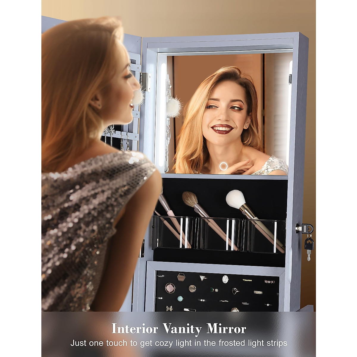 Nicetree 360° Swivel Jewelry Cabinet with Lights, Touch Screen Vanity Mirror, Rotatable Full Length Mirror with Jewelry Storage, Standing Jewelry Armoire Organizer, Foldable Makeup Shelf,Gray