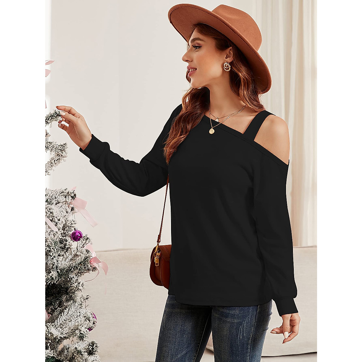 JINKESI Women's Long Sleeve Tunic Tops Casual Cold Shoulder Blouse Shirts Black-Medium