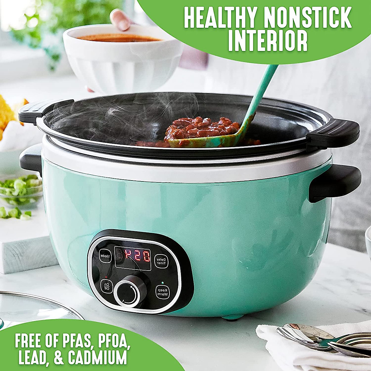 6-Quart Nonstick Electric Slow Cooker - Programmable Ceramic Slow Cookers with Digital Timer, Removable Lid and Pot, Dishwasher Safe Parts, Turquoise