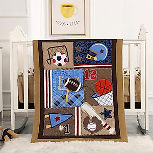 Wowelife Baby Crib Bedding Set for Boys and Girls Sports Premium 3-Piece Baby Bedding Set Brown Football Basketball Rugby Crib Bed Set Baseball, Breathable and Soft