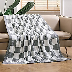 Sunyrisy Throw Blankets Checkered Reversible Plush Fleece Blanket, Super Soft Warm Cozy Throw Blanket for Couch, Decor, Bed, Chair, Knitted Fluffy Blanket, Light Grey 51''x67''