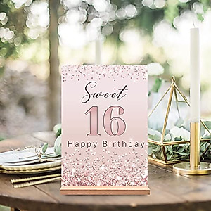 Vlipoeasn Sweet 16 Birthday Table Decoration for Girls, Rose Gold Glitter 16th Happy Birthday Poster, Sweet 16 Acrylic Table Sign with Wooden Stand, 16 Years Old Birthday Centerpieces