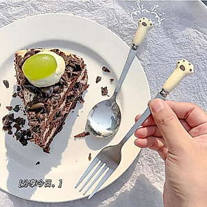 Cute Rabbit Dinnerware Set Ceramics Handle Stainless Steel Dessert Fork Animal Coffee Spoon Ice Cream Spoon (White Rabbit)