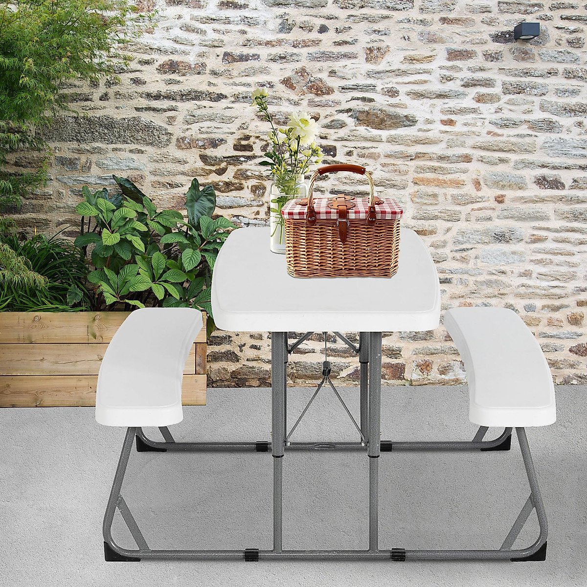 Peakform 6 Foot Rectangular Picnic Table, Multipurpose Indoor Outdoor Furniture with Double Bench Wood Grain Seating, White/Black