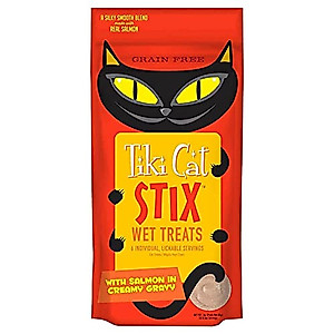 Tiki Cat Stix Wet Mousse Treats, Single Serve Indulgent Lickable Treat or Dry Food Topper, with Salmon in Creamy Gravy, 3 oz. Pouch (Pack of 6)