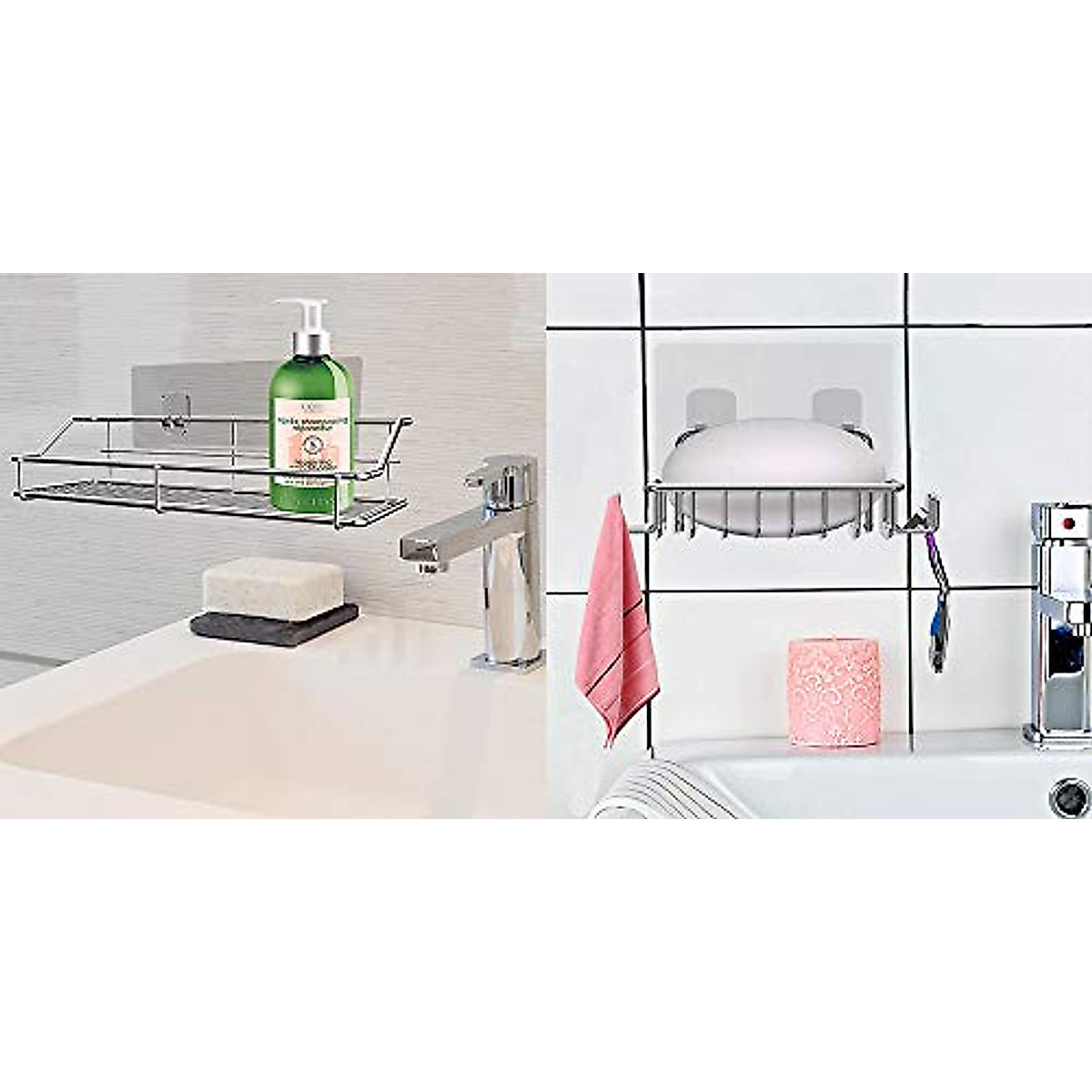 Nieifi Shower Caddy Basket with Hooks Soap Dish Holder Shelf for Shampoo Conditioner Bathroom Kitchen Storage Organizer SUS304 Stainless Steel Adhesive No Drilling - 3 Pack