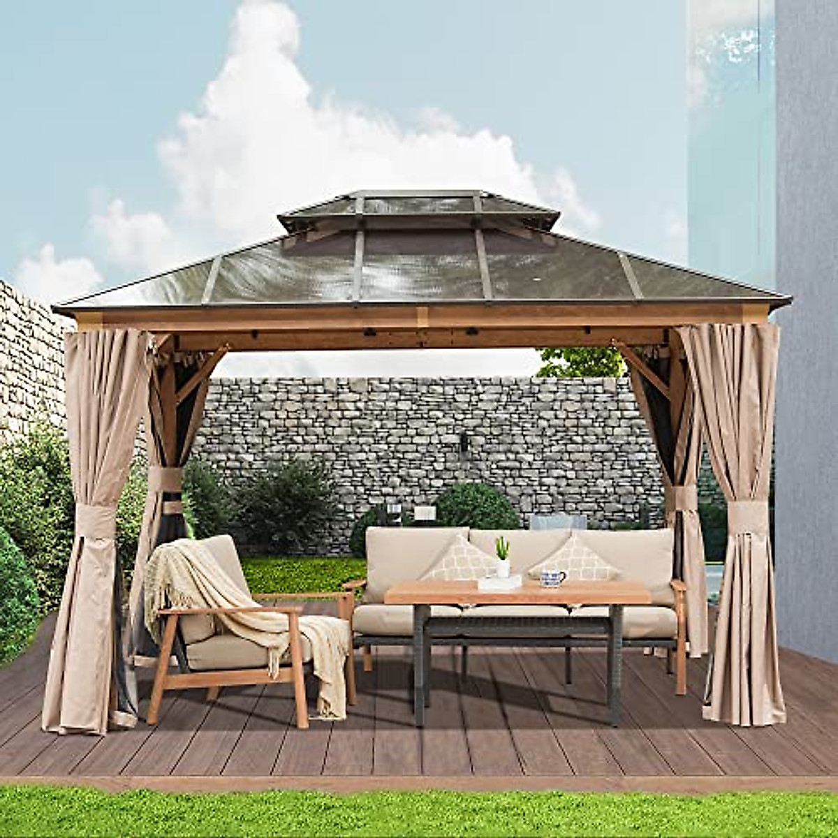Domi Outdoor Living 10’ X 12’ Hardtop Gazebo Outdoor Aluminum Gazebo with Polycarbonate Double Roof Canopy for Lawn and Garden, with Curtains & Net (Wood Looking)