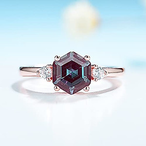 ITI KUOLOLIT Lab Alexandrite Gemstone Genuine 925 Sterling Silver Ring for Women 585 Rose Gold Plated Hexagon Cut Jewelry for Engagement Bride (Rose Gold Plated, 7)