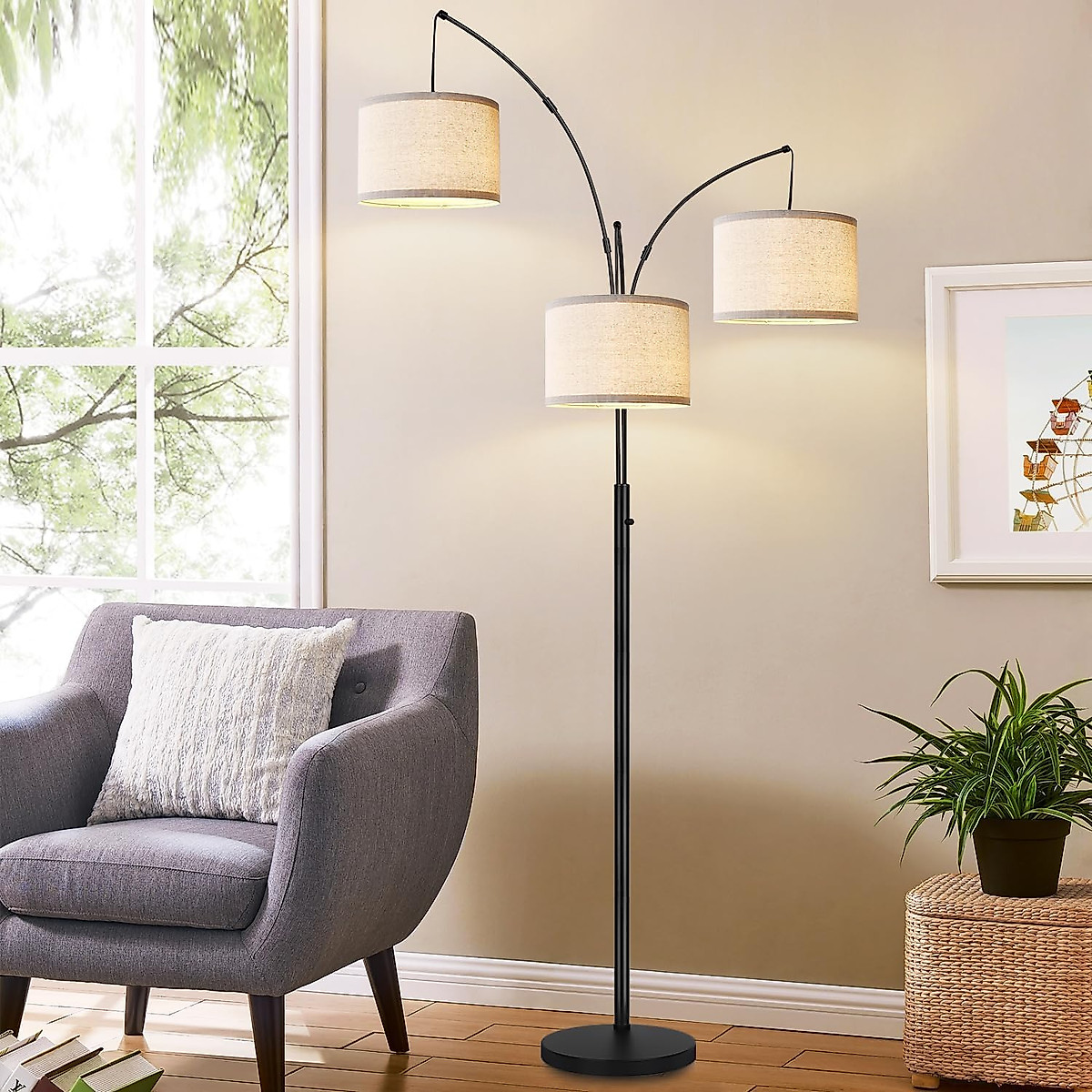 Dimmable Floor Lamp - 3 Lights Arc Floor Lamps for Living Room, 1000LM Modern Tall Standing Lamp with White Shades & Heavy Base, Mid Century Tree Floor Lamp for Bedroom Office, 3 LED Bulbs Included