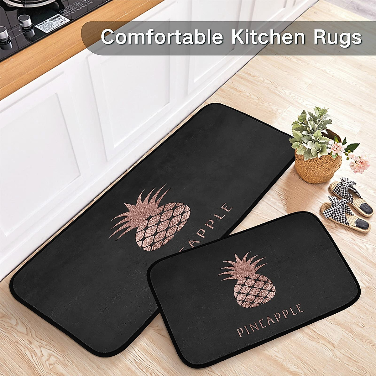 ALAZA Rose Gold Pineapple Black 2 Piece Kitchen Rug Floor Mat Set Runner Rugs Non-Slip for Kitchen Laundry Office 20" x 28" + 20" x 48"