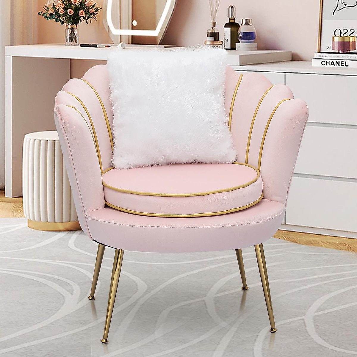 MoNiBloom Upholstered Velvet Chair for Bedroom Makeup Room, Light Pink Shell Chair Mid-Century Modern Leisure Guest Chair for Living Room with Cushion and Metal Legs, Retro Arm Chair, 250 lbs Capacity